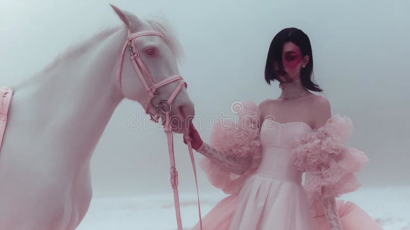 Elegant Fashion Shoot Featuring a Model and a White Horse in a Dreamy ...