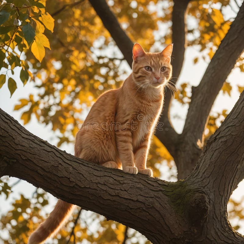 Graceful Orange Cat on Ancient Oak Tree at Golden Hour Stock ...
