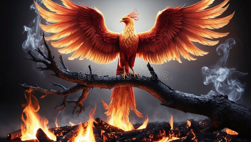 Graceful Phoenix Perched on Charred Tree Surrounded by Embers Stock ...