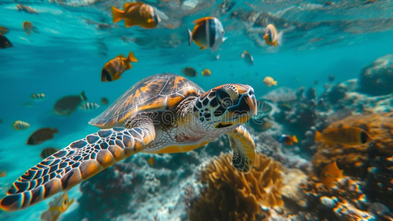 A Graceful Sea Turtle Gliding through Crystal-clear Waters, Surrounded ...