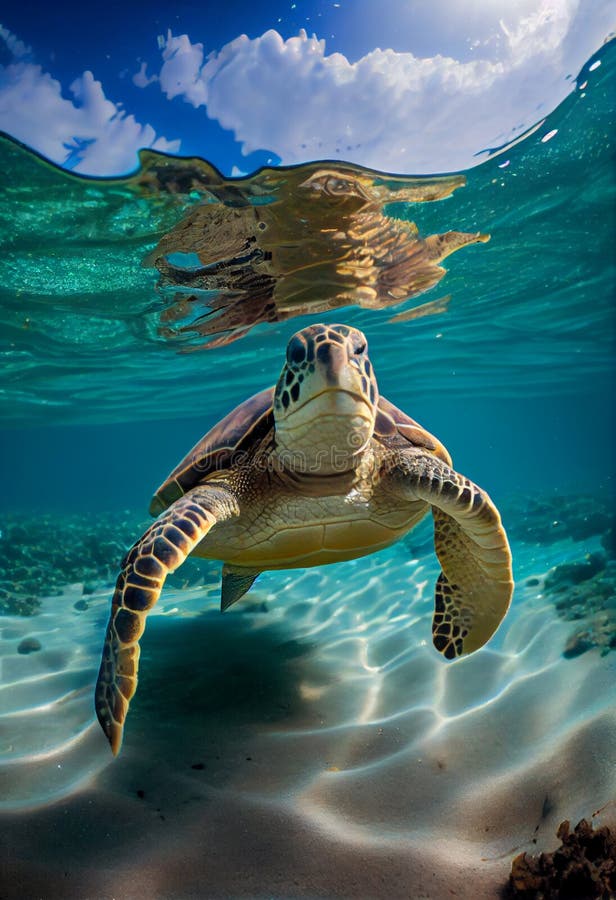 Graceful Sea Turtle Swimming In Clear Blue Waters Ai Generated Stock