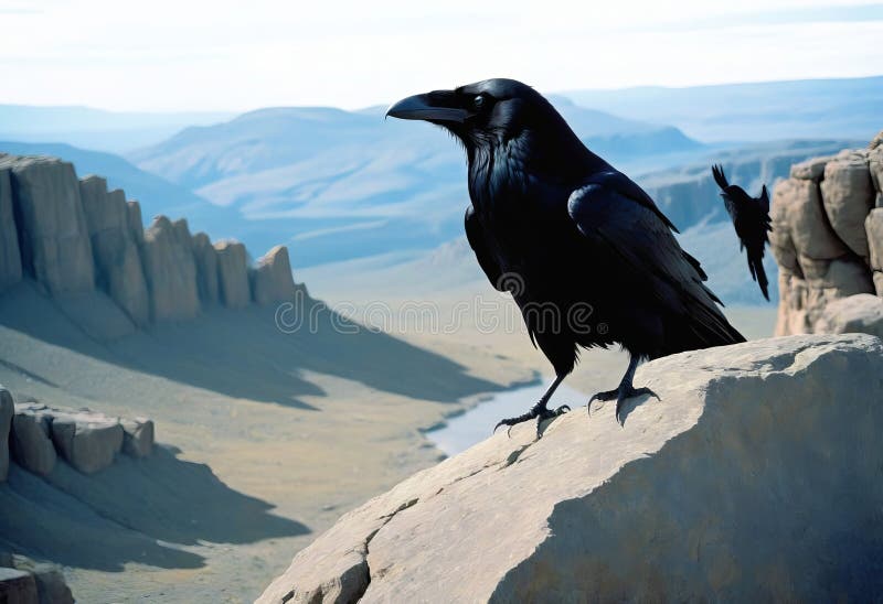 The Graceful Solitude of a Crow on a Rugged Rock Stock Illustration ...