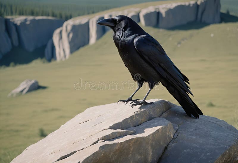 The Graceful Solitude of a Crow on a Rugged Rock Stock Illustration ...