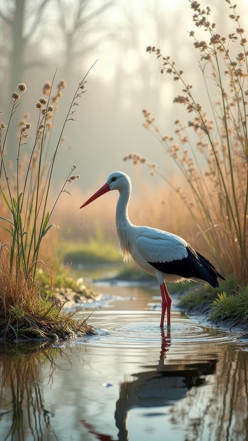 A Graceful Stork with Long Legs and an Orange Beak Perches on a Pole ...