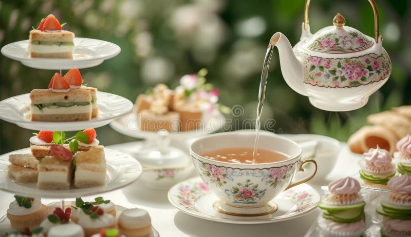 Graceful Tea Party with Fine China, Featuring Tea Pouring and an Array ...