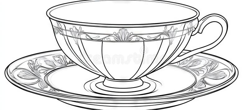 Graceful Teacup Featuring Intricate Patterns, a Monochrome Drawing ...