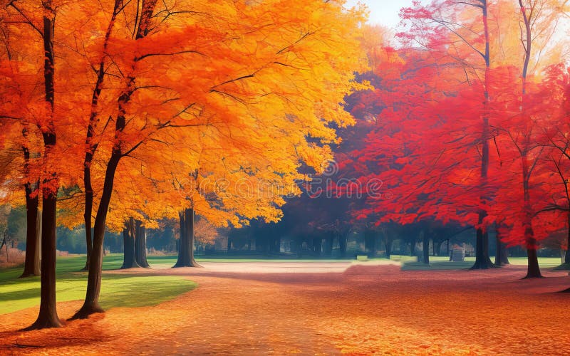 Graceful Trees, Golden Leaves, and Petals in a Serene Pathway. Stock ...