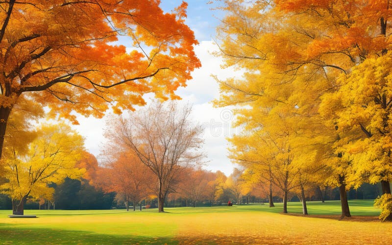 Graceful Trees, Golden Leaves, and Petals in a Serene Pathway. Stock ...