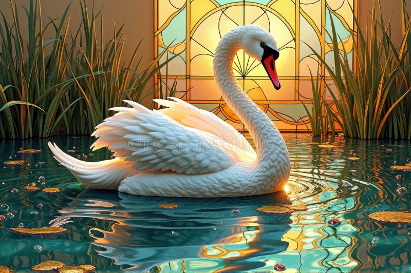 Graceful White Swan Gliding on Serene Pond at Sunset with Reflections ...