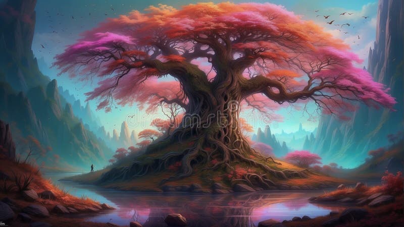 Tree Adorned with Flowers Vibrant Neon Colors. Post-apocalyptic ...