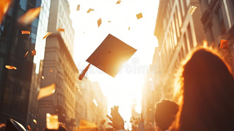 Grad Cap Flying in Mid-air, Golden Sunlight and Cheering Crowd. Stock ...