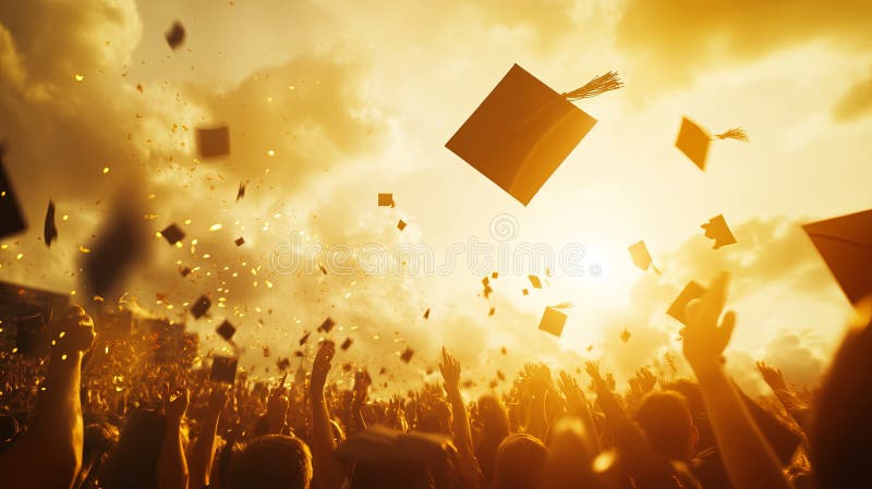 Grad Cap Flying in Mid-air, Golden Sunlight and Cheering Crowd. Stock ...