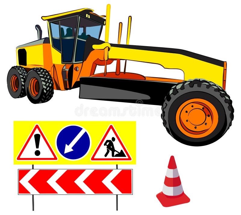 Grader and Road Signs, Vector Illustration Stock Vector - Illustration ...