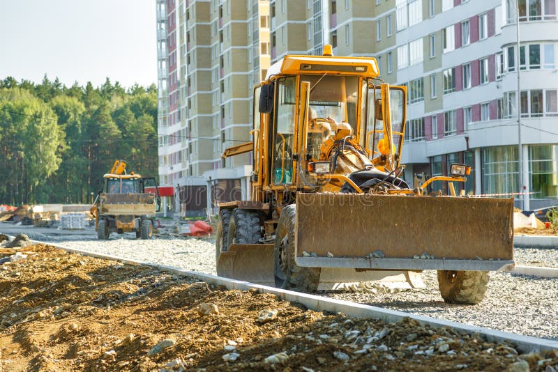 Grader Working Outside on Road Construction Stock Image - Image of ...