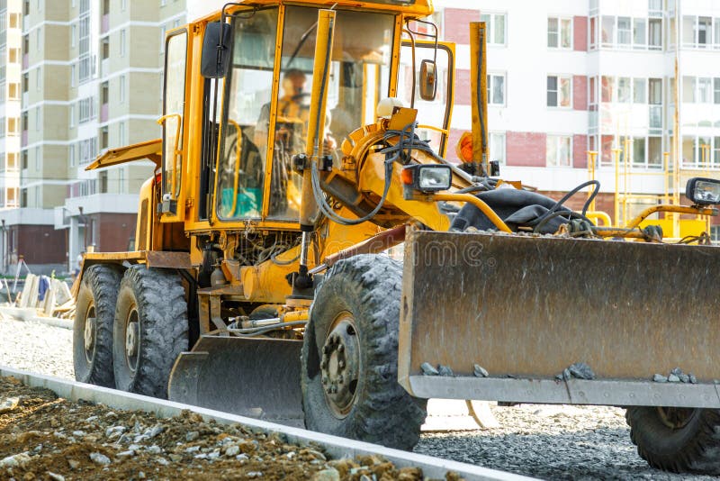 Grader Working Outside on Road Construction Stock Photo - Image of ...