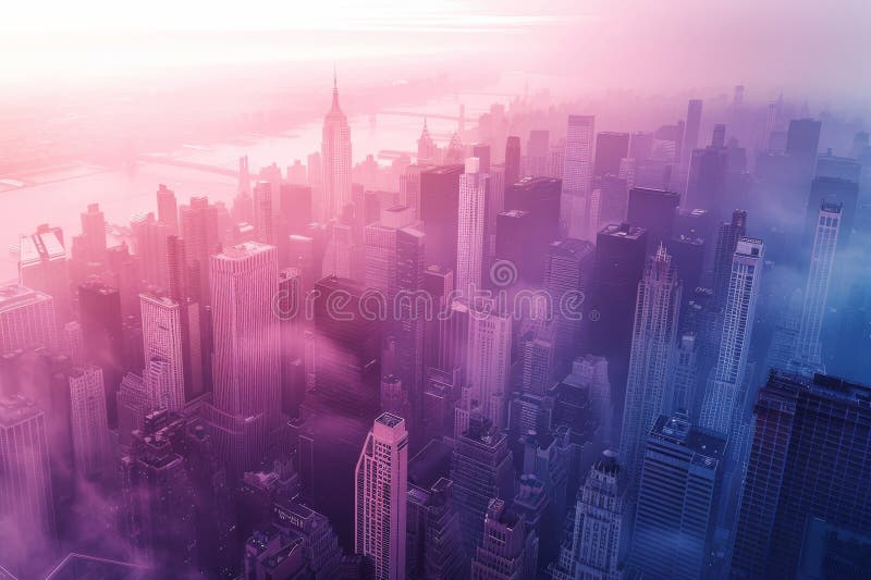 Stunning Aerial View of Modern City Skyline at Sunset with Vibrant Pink ...
