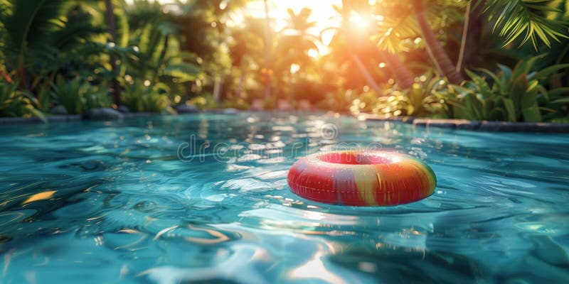Sunset Hues on a Pool Float, Serenity among Tropical Palms Stock ...