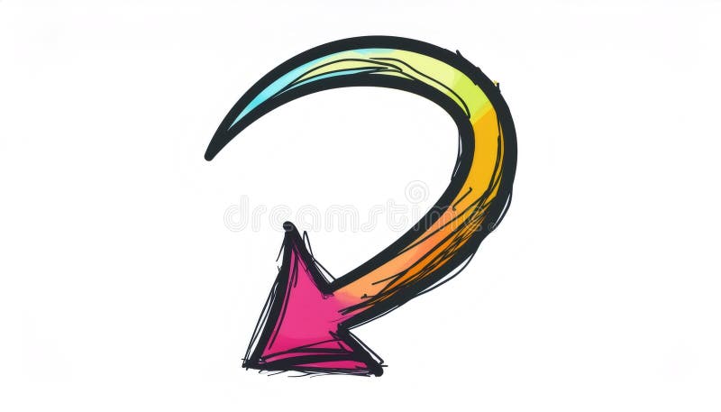 Gradient Colorful Curved Arrow Pointing Down, Hand Drawn Design Element ...