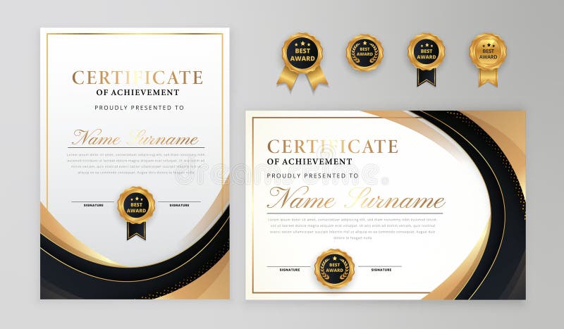 Gradient Elegant Black and Gold Certificate Border with Set of Badges ...