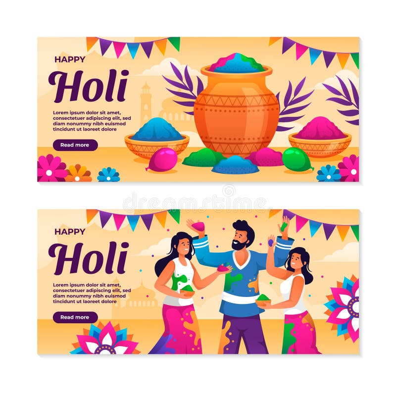 Holi Horizontal Banner Template Set Collection with People and Colorful ...