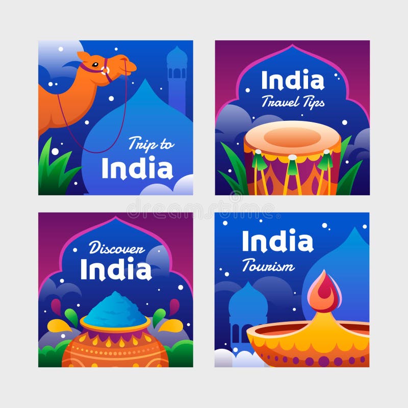 Gradient India Travel Square Illustration Set Stock Illustration ...