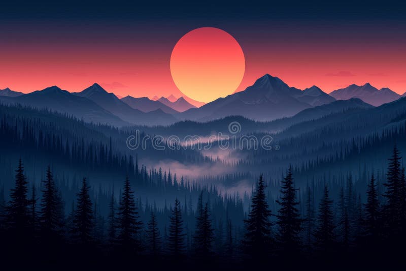 Gradient Landscape Nature Background with Mountains, Sun, and Trees ...