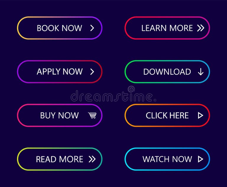 Gradient Neon Buttons. Button with Arrow for Call Action, Web Buy, More, Next, Learn, Download ...