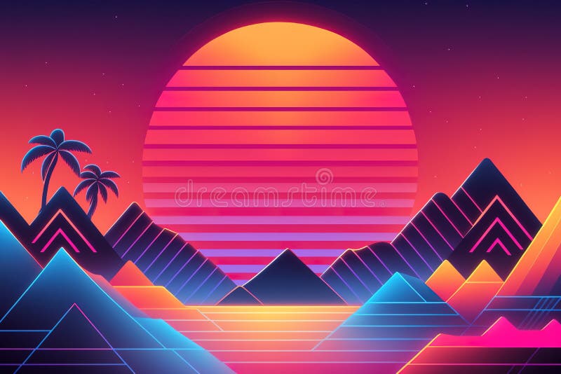 Gradient Neon Retro Background of Landscape Mountains at Sunset. 80s ...