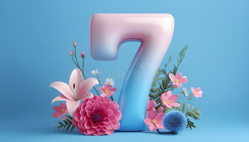 Gradient Number 7 with Floral Elements, Pastel Design on Blue, Birthday ...