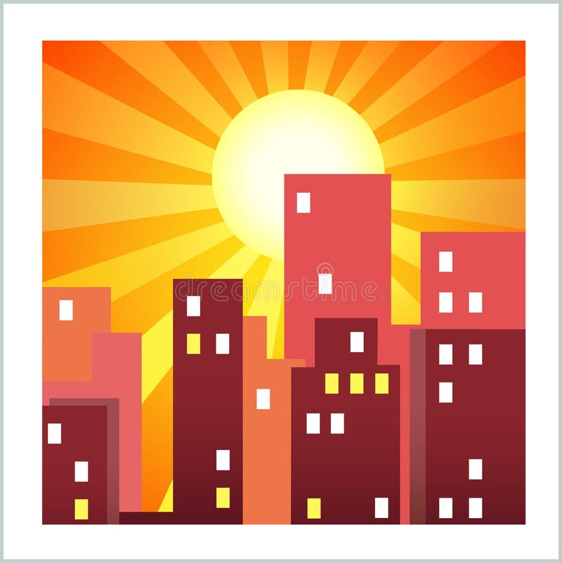Gradient Orange Sky Icon with Sun Setting Behind City Buildings at Sunset Stock Illustration ...