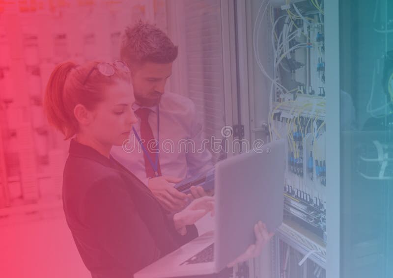 Gradient Overlay Over Caucasian Man and Woman Working in a Computer ...