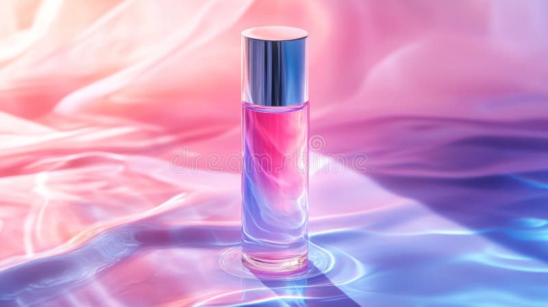 Gradient Perfume Bottle on Iridescent Silk Fabric with Water ...