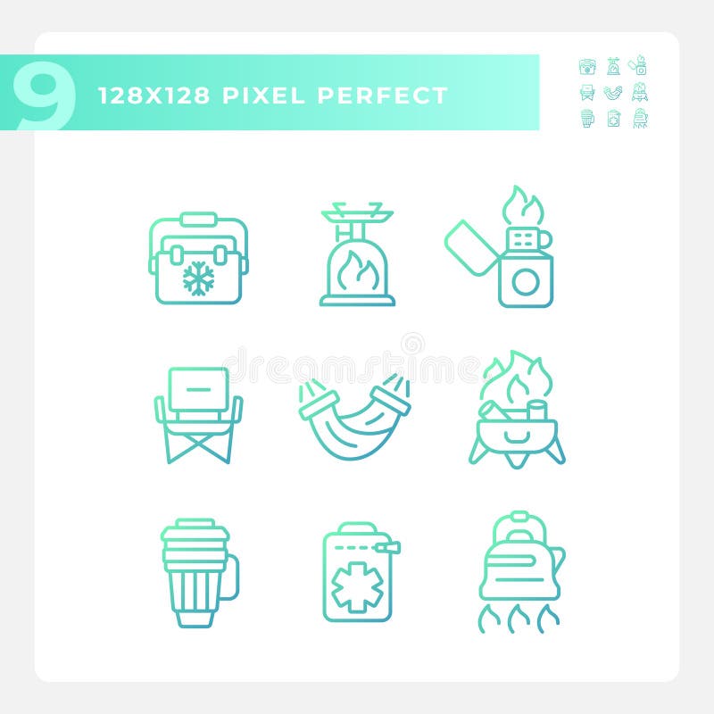 Gradient Pixel Perfect Hiking Gear Line Icons Stock Vector ...
