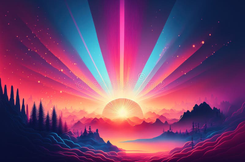 Gradient Reflection God Rays Magic Sunset in Wonderland Landscape Neon ...