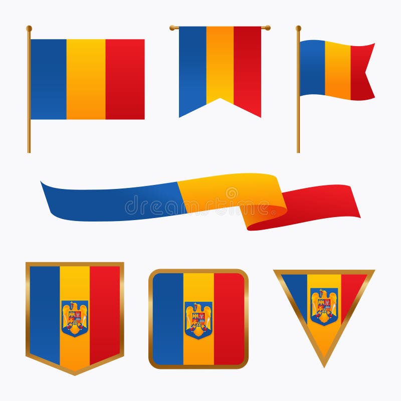 Gradient Romanian Flags and National Emblems Set Vector Illustration ...
