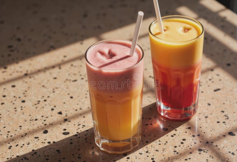 Gradient Smoothie Row in Vibrant Colors on a Terrazzo Surface Stock ...
