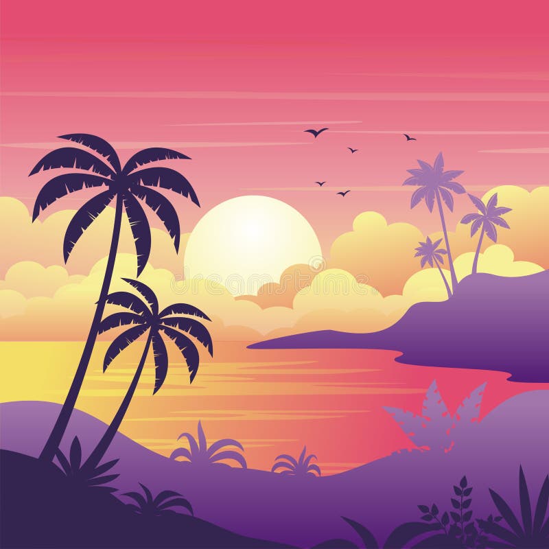 Gradient Sunset Beach with Silhouette of Palm Trees. Beautiful Summer ...