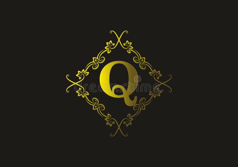 Gradient Yellow Gold Color of Q Initial Letter in Vintage Frame Stock ...