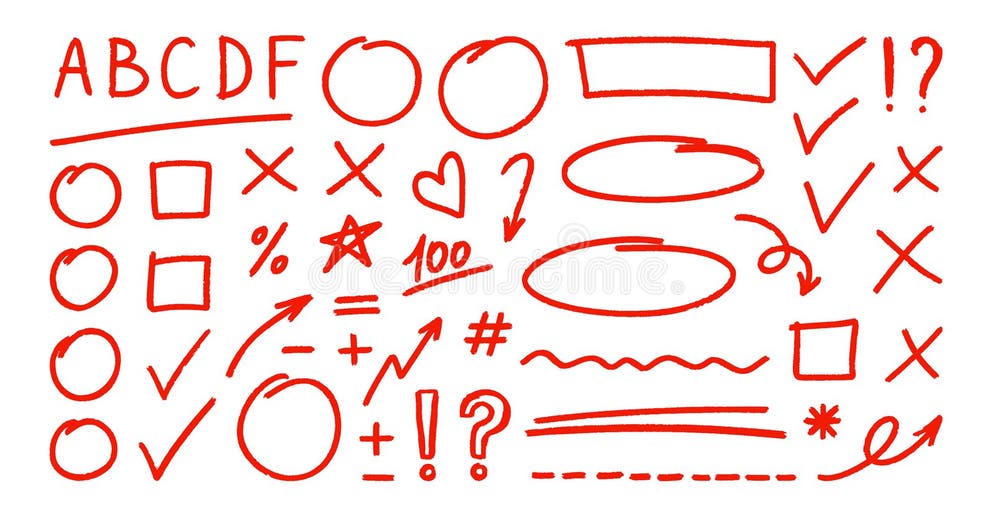 Grading Doodle Set, Hand Drawn Elements. Red Grades Simple Elements ...