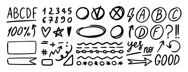 Grading Hand Drawn Doodle Set Elements for School. Knowledge Testing ...