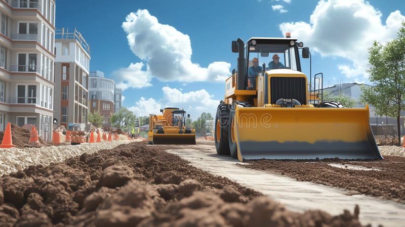 Grading and Leveling: a 3D Vector Illustration of Heavy Machinery and ...