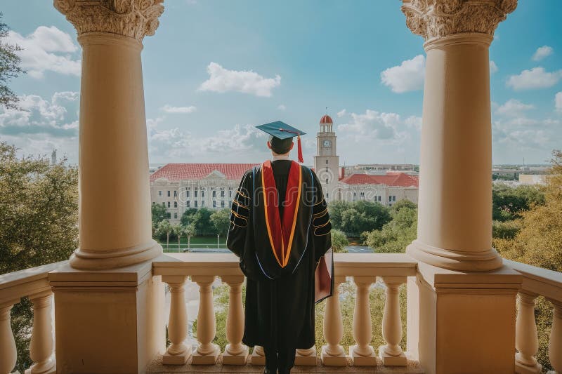 Graduate in Cap and Gown Standing on Balcony Overlooking University ...