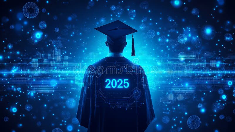 A Graduate in a Cap Stands Against a Digital Backdrop, Symbolizing ...