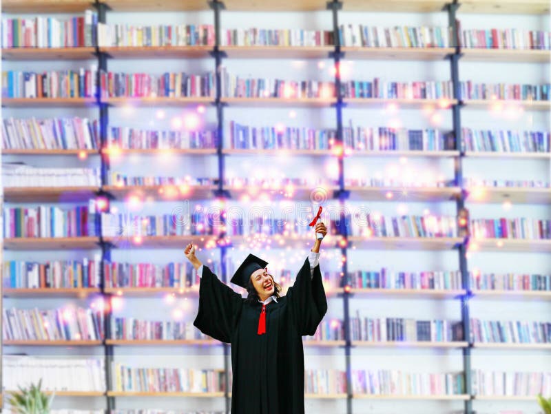 Graduate in Congratulation Moment with Book Shelf Abstract Background ...