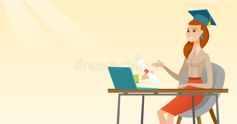 Graduate Getting Diploma from the Computer. Stock Vector - Illustration ...