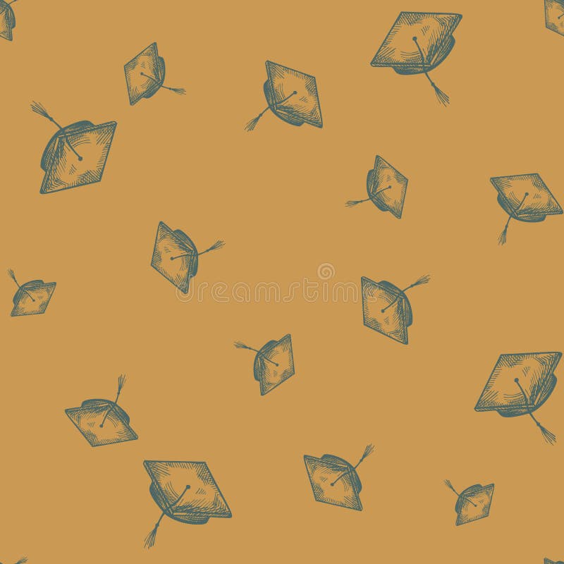 Graduate Hat Engraved Seamless Pattern. Vintage Element Education in ...