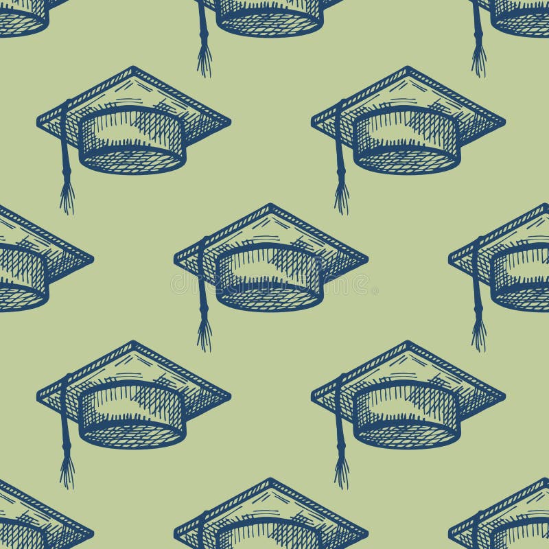 Graduate Hat Engraved Seamless Pattern. Vintage Element Education in ...
