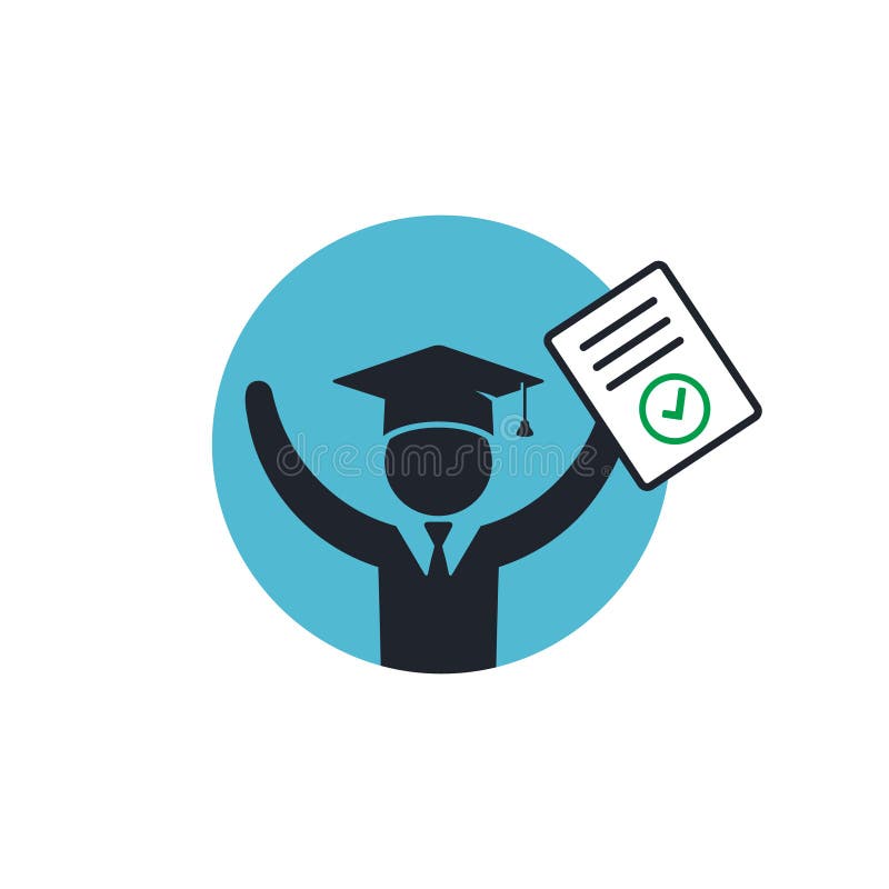 Graduate Student with Completed Document. Vector Icon Isolated on Round ...
