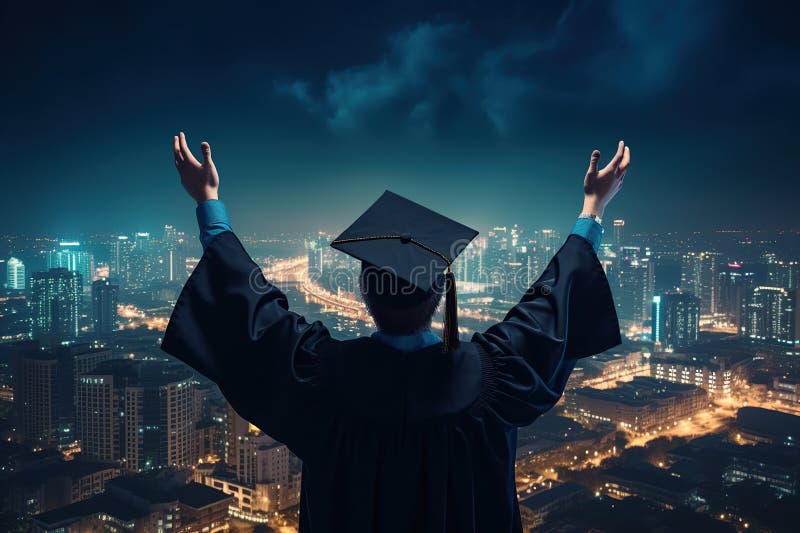 Graduate Student Standing on Mountain Achieving Success Stock ...