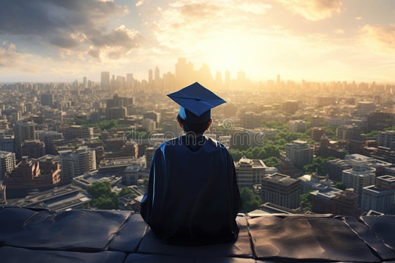 Graduate Student Standing on Mountain Achieving Success Stock ...